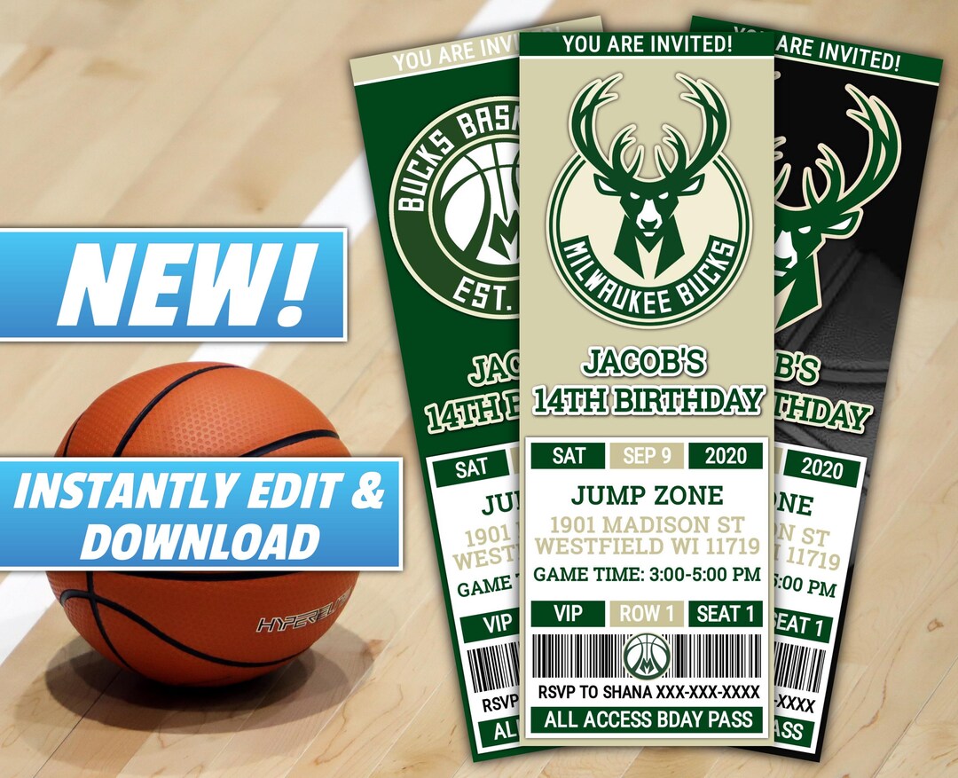 Milwaukee Bucks Basketball Birthday Invitation, NBA Sports Ticket ...