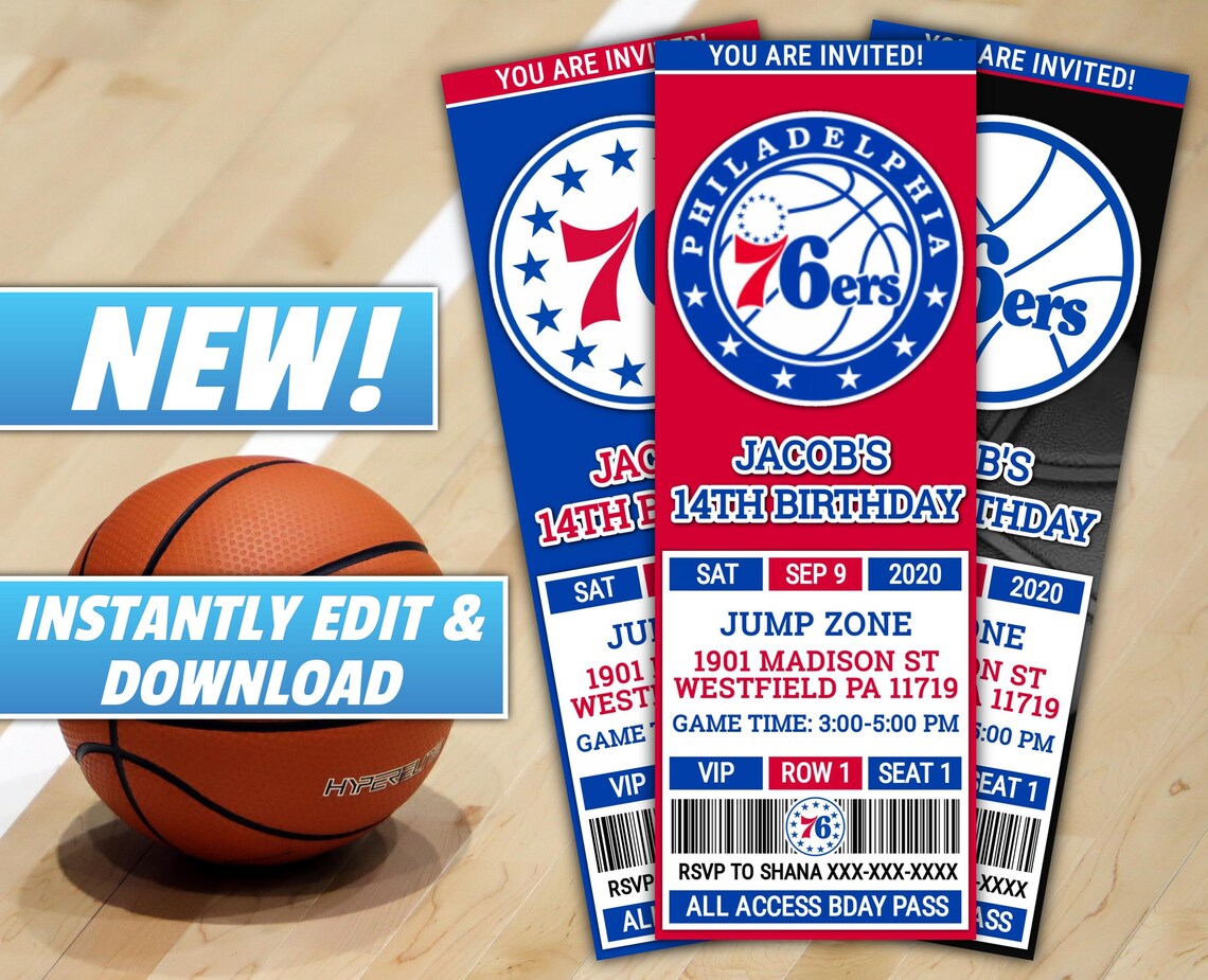 Philly 76ers Basketball Birthday Invitation, NBA Sports Ticket Template ...