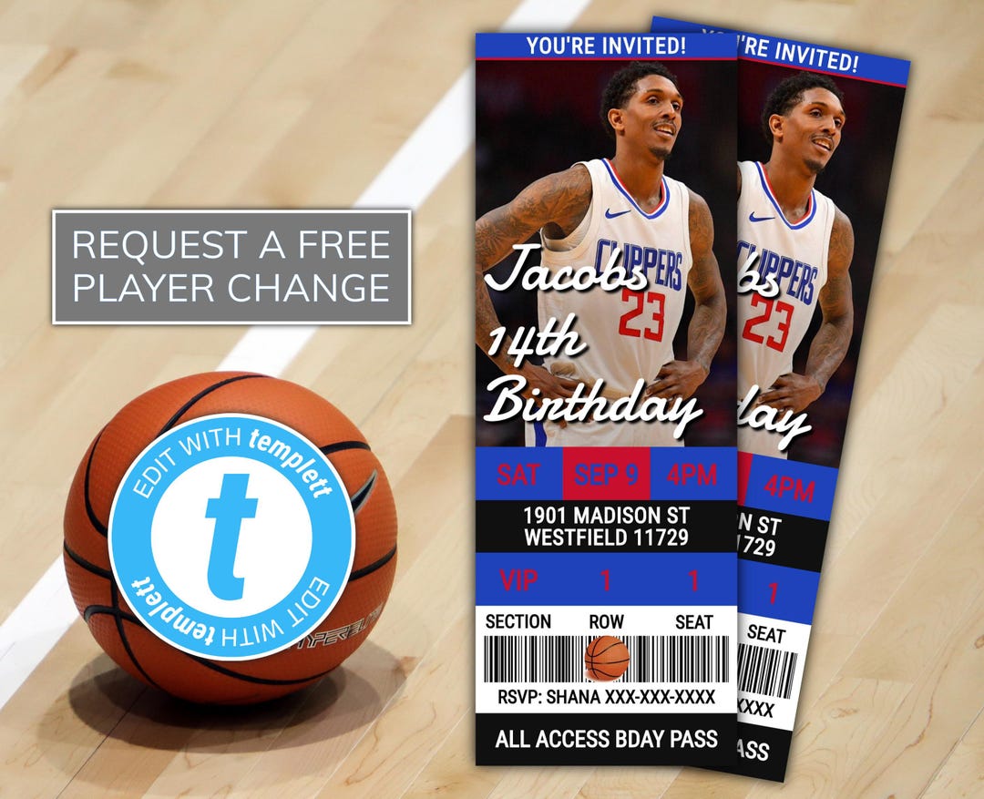 LA Clippers Basketball Birthday Invitation, NBA Gift Ticket Template ...