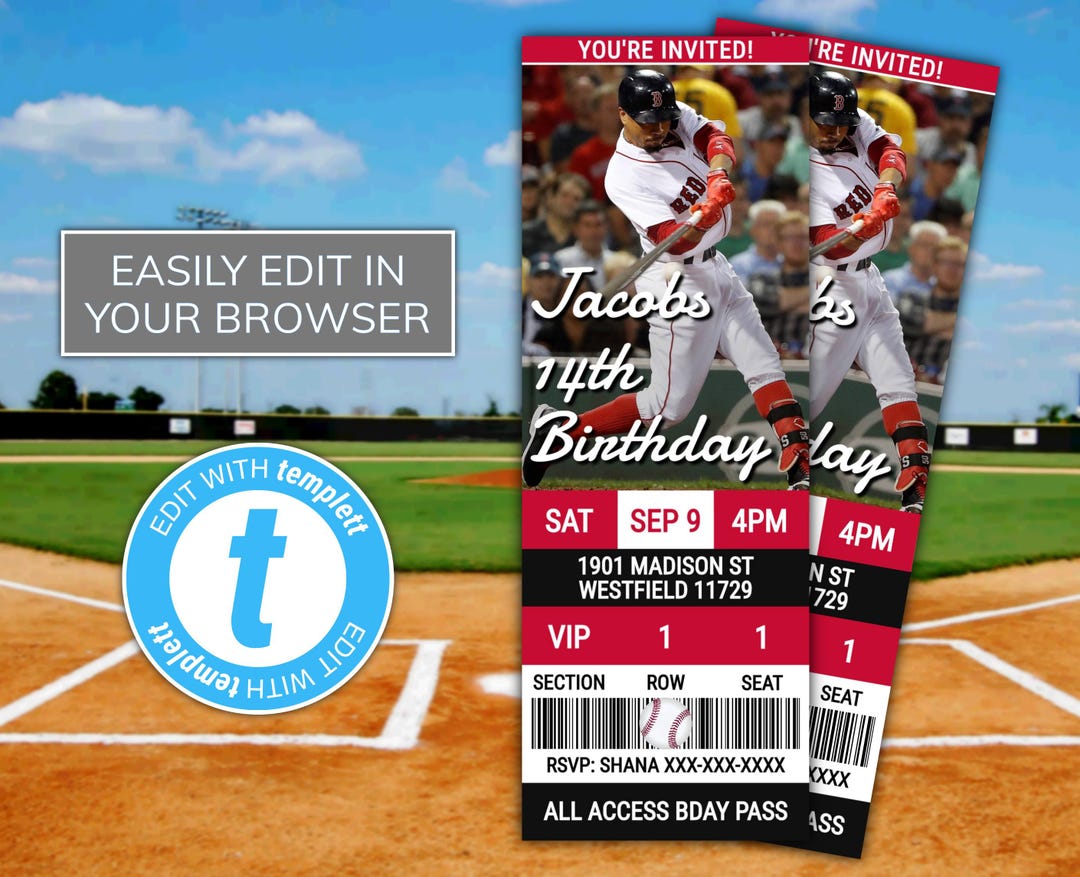MLB Birthday Invitation Boston Red Sox Baseball Gift Ticket Template ...