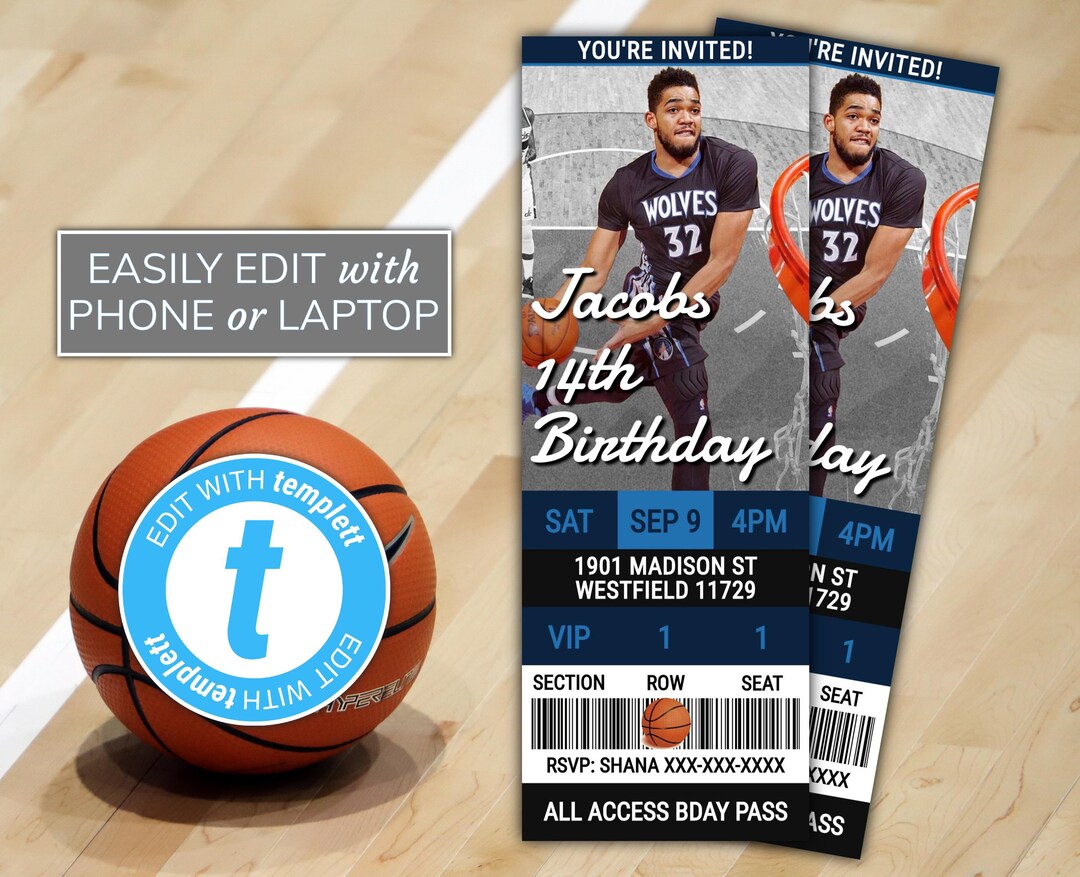 NBA Birthday Invitation Minnesota Timberwolves Basketball Ticket ...
