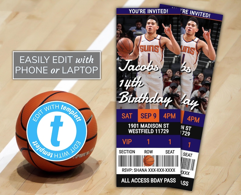 NBA Birthday Invitation Phoenix Suns Basketball Gift Ticket Template 2 ...