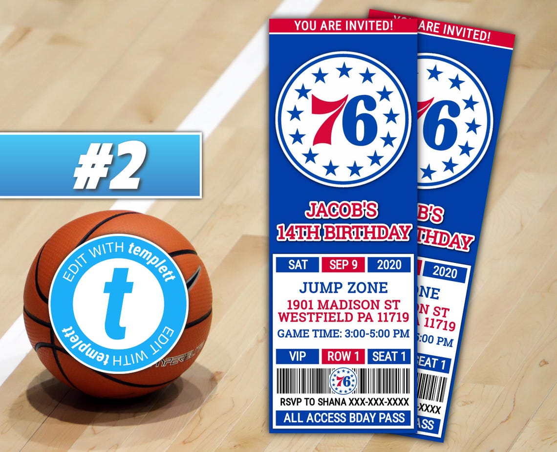 Philly 76ers Basketball Birthday Invitation, NBA Sports Ticket Template, Printable Kids Party ...