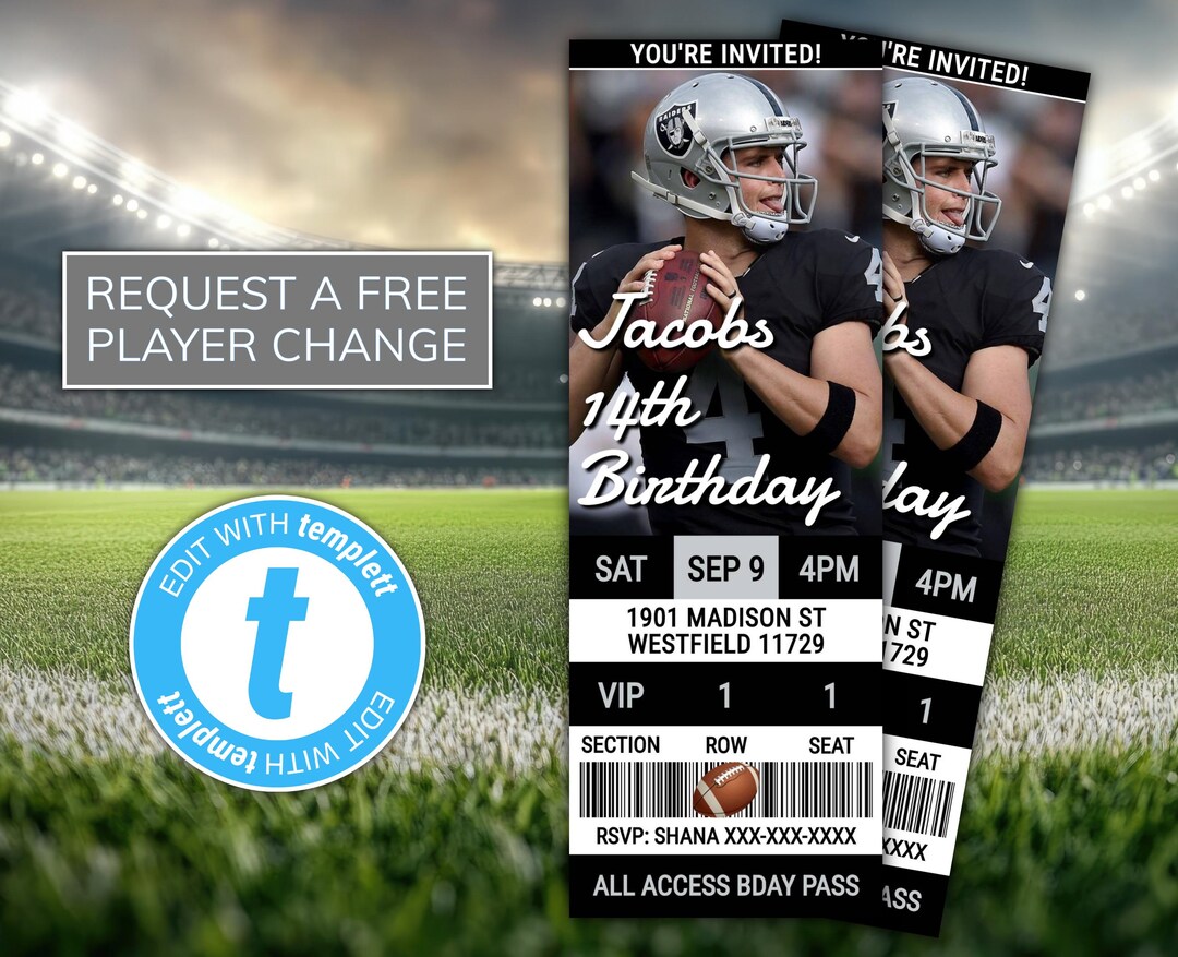 Las Vegas Raiders Football Birthday Invitation, NFL Gift Ticket ...