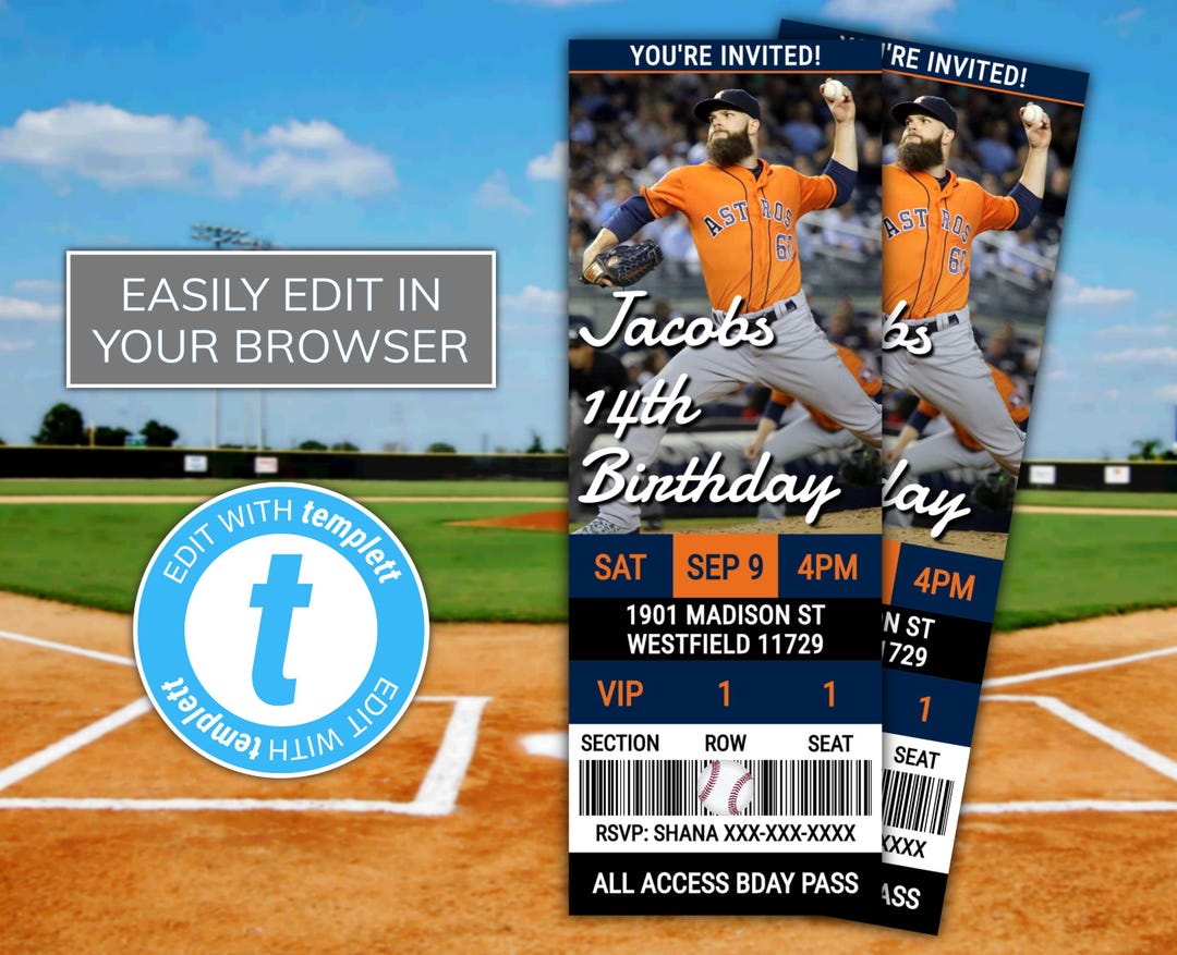 MLB Birthday Invitation Houston Astros Baseball Gift Ticket Template ...