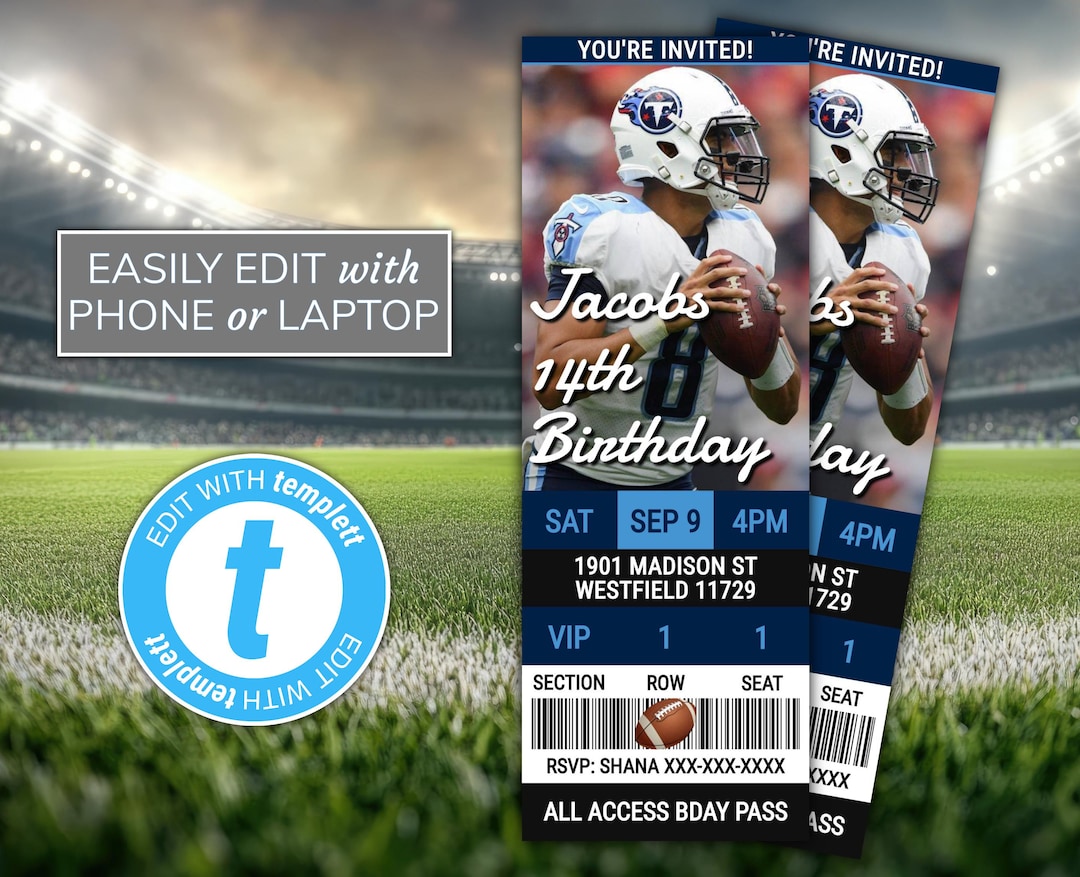 NFL Birthday Invitation Tennessee Titans Football Gift Ticket Template ...