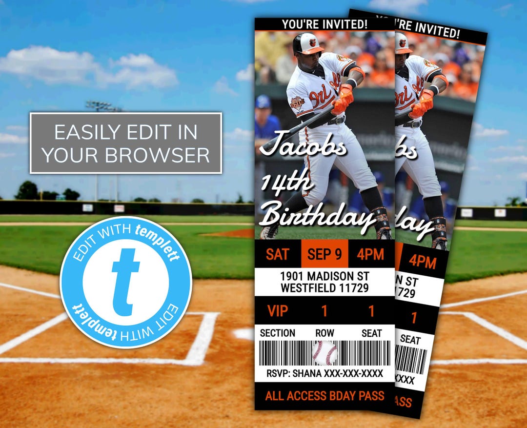 MLB Birthday Invitation Baltimore Orioles Baseball Gift Ticket Template ...