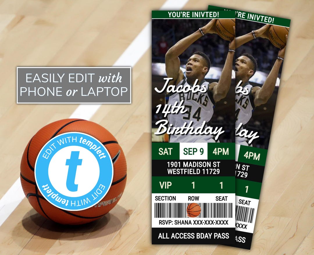 NBA Birthday Invitation Milwaukee Bucks Basketball Gift Ticket Template ...