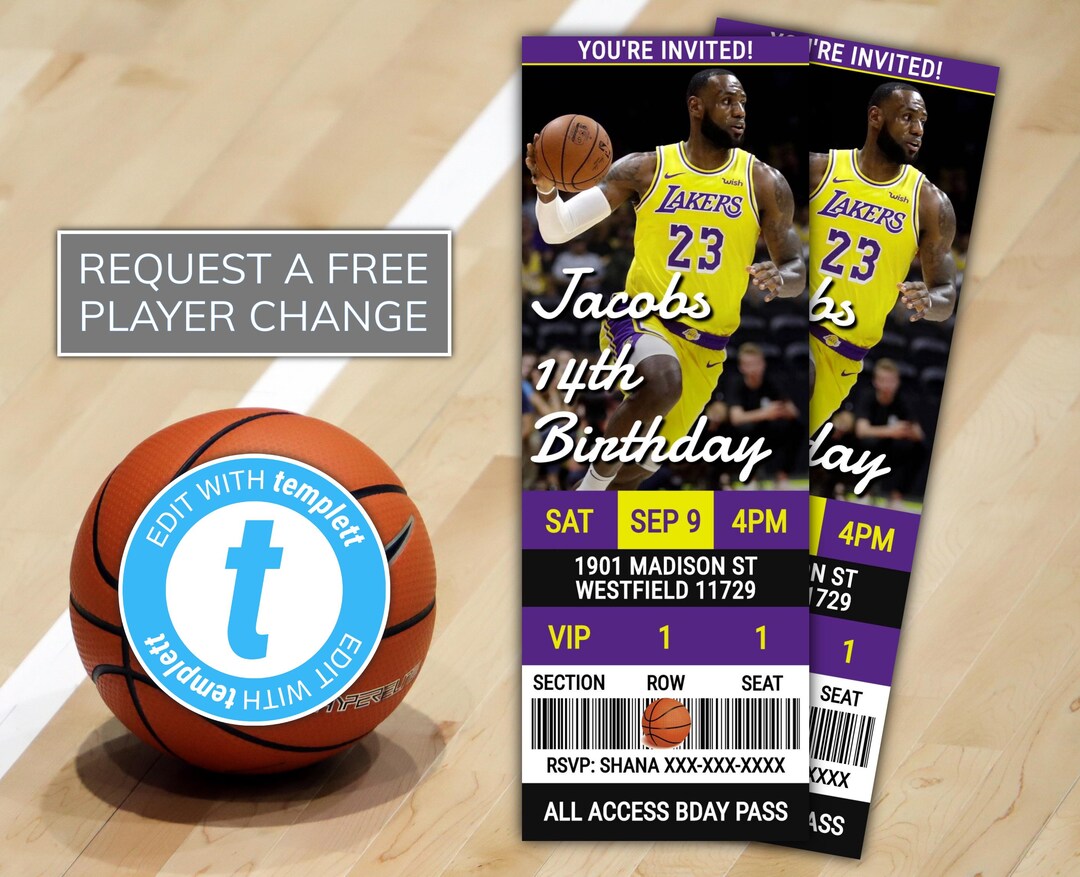 LA Lakers Basketball Birthday Invitation, NBA Gift Ticket Template ...