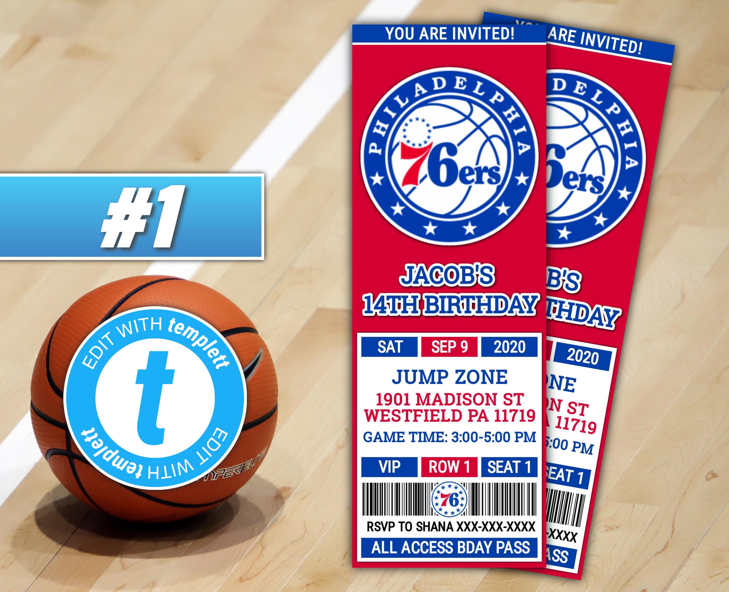 Philly 76ers Basketball Birthday Invitation, NBA Sports Ticket Template ...