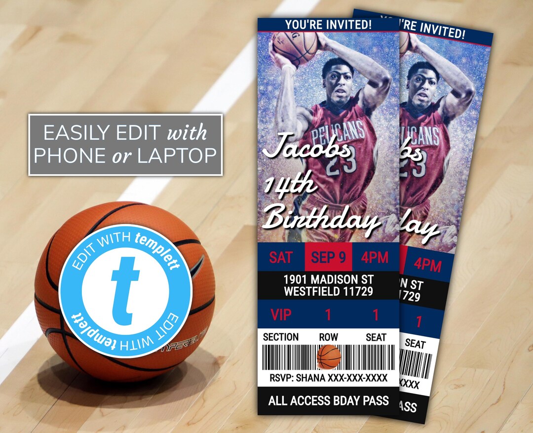 NBA Birthday Invitation New Orleans Pelicans Basketball Ticket Template ...