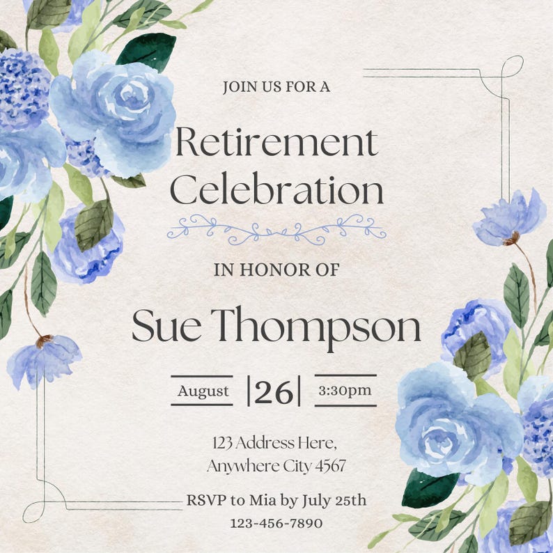 Retirement Party | Retirement| Floral | Edit Template | User Friendly ...
