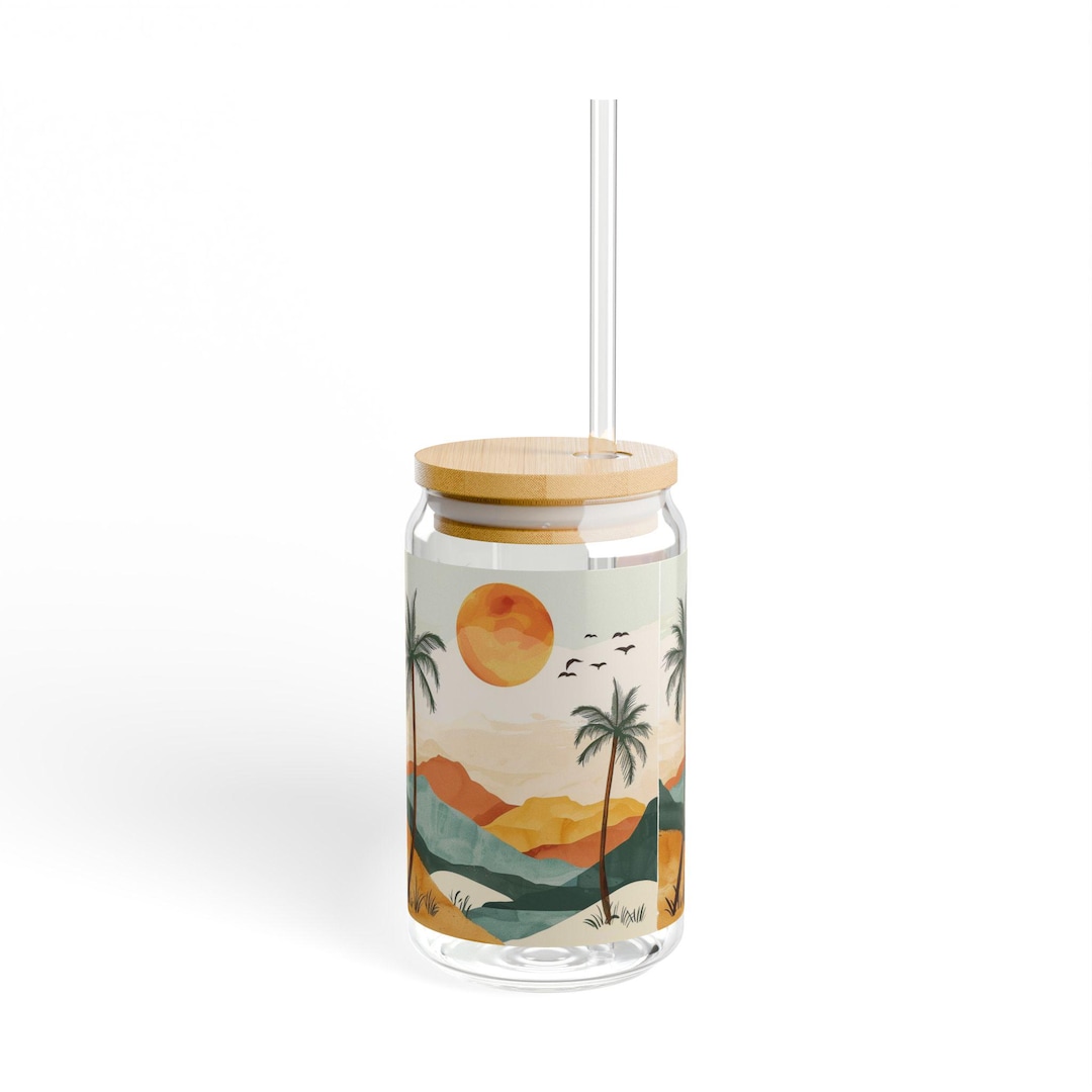 Designed Glass Sipper With Straw, 16oz Tumbler With Bamboo Lid, Gift ...