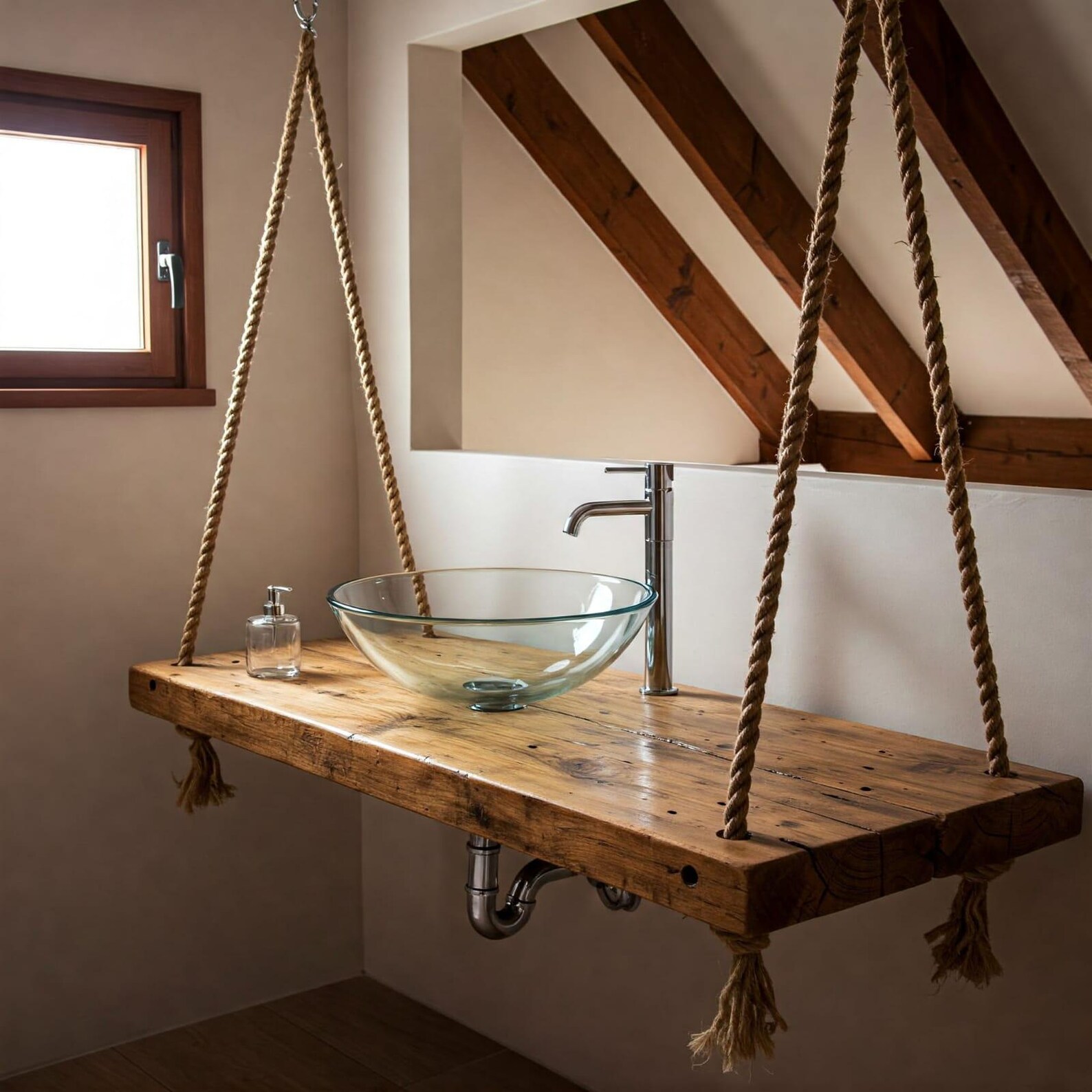 Wooden Sink Countertop Suspended From the Ceiling With a Rope, Glass ...