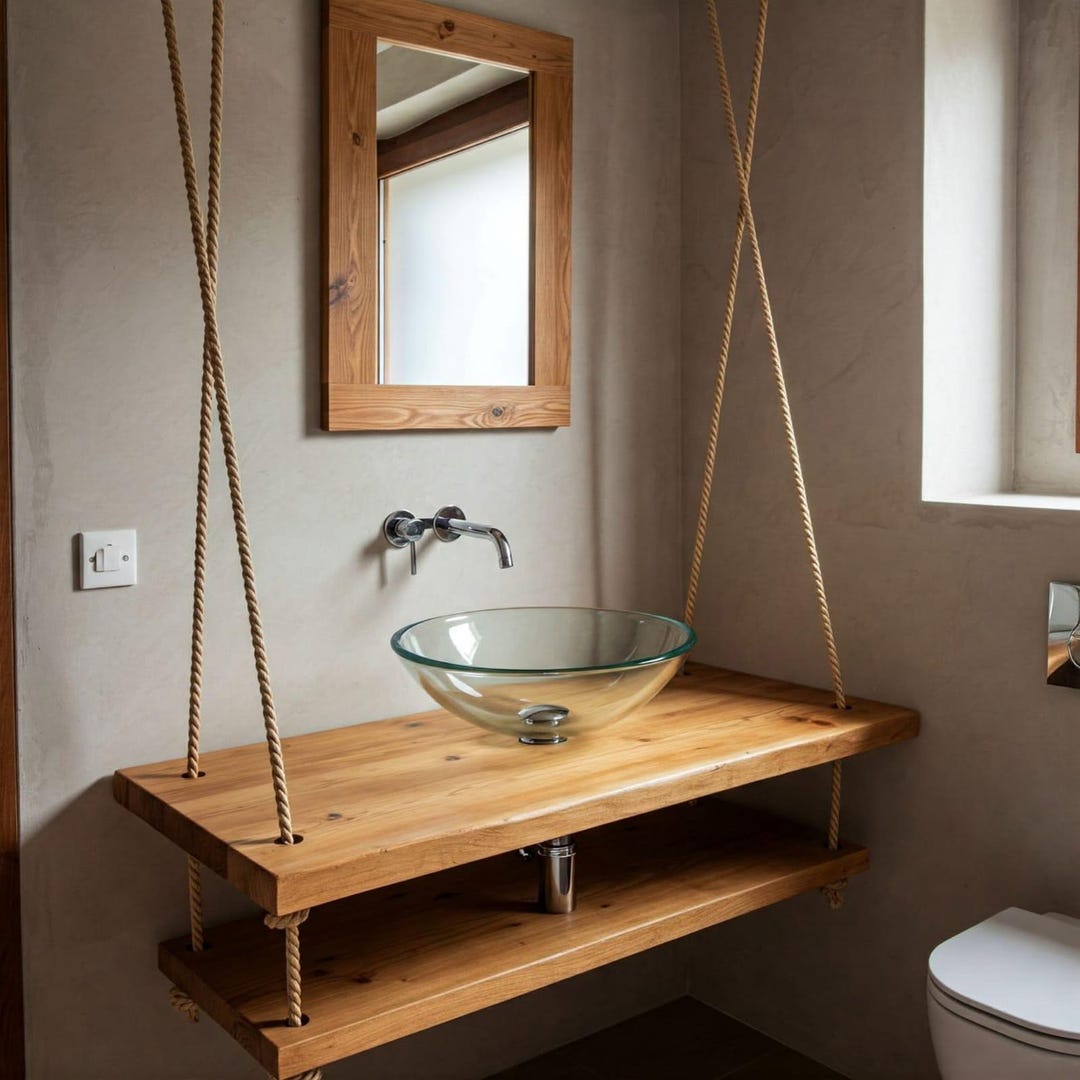 Rustic Wooden Sink Countertop - Rope Suspended Design, Full Set ...