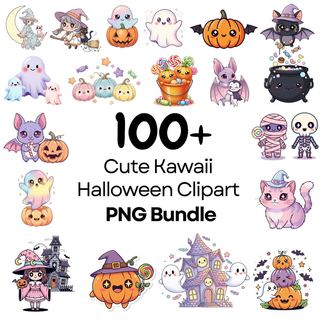 Kawaii Halloween Clipart Bundle Cute Spooky PNG Canva Digital Graphics ...
