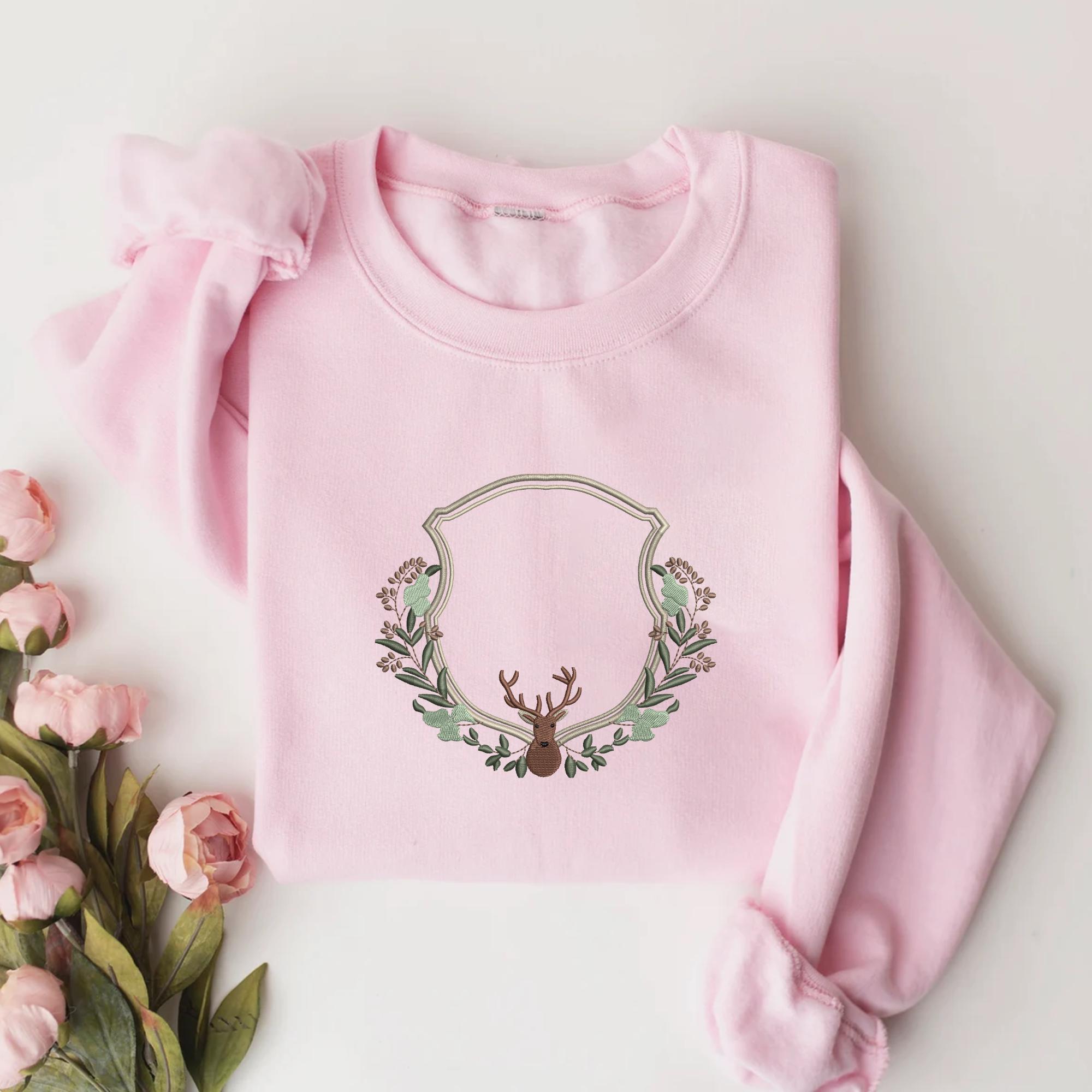 Deer and Branches Crest Machine Embroidery Design Floral Deer Antler ...