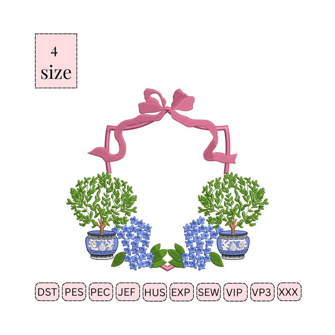 Preppy Crest Chinoiserie Pot Embroidery Chinoiserie Topiary Embroidery ...