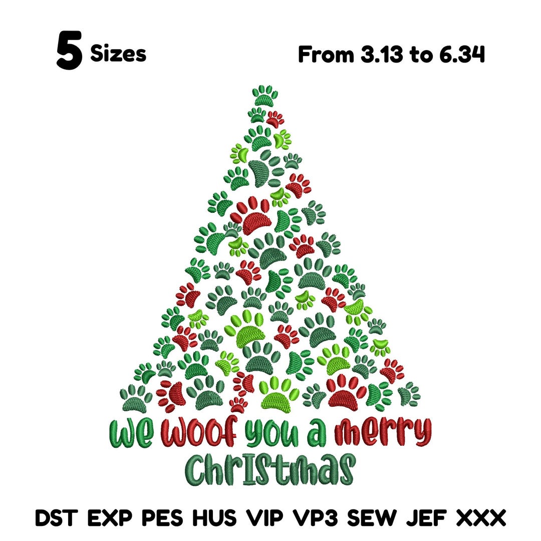 Paw Print Woof Christmas Tree Embroidery Dog Christmas Tree Embroidery ...
