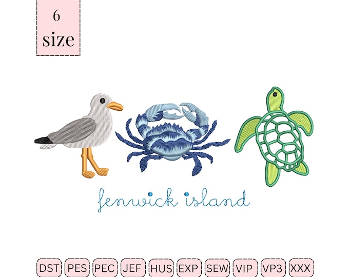 Beach Summer Embroidery Design With Sea Turtle, Blue Crab and Seagull ...