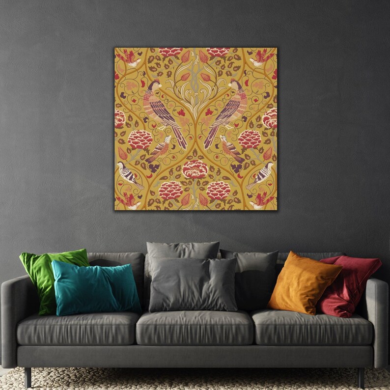 William Morris Parakeets Roses and Tulips Saffron Floral - Canvas Wall ...