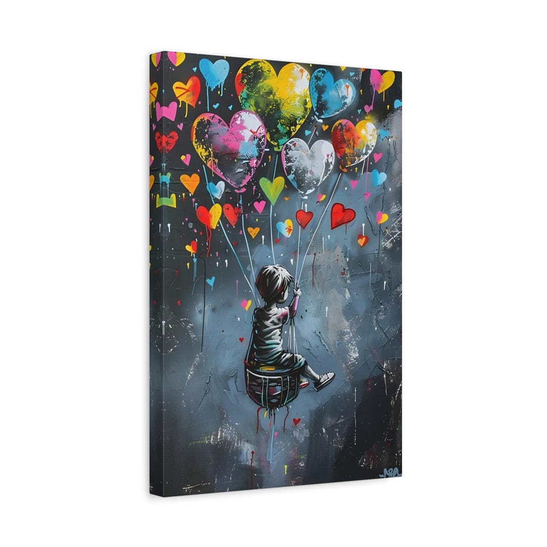 Banksy Child With Balloons - Framed Canvas Wall Art Print Reproduction ...