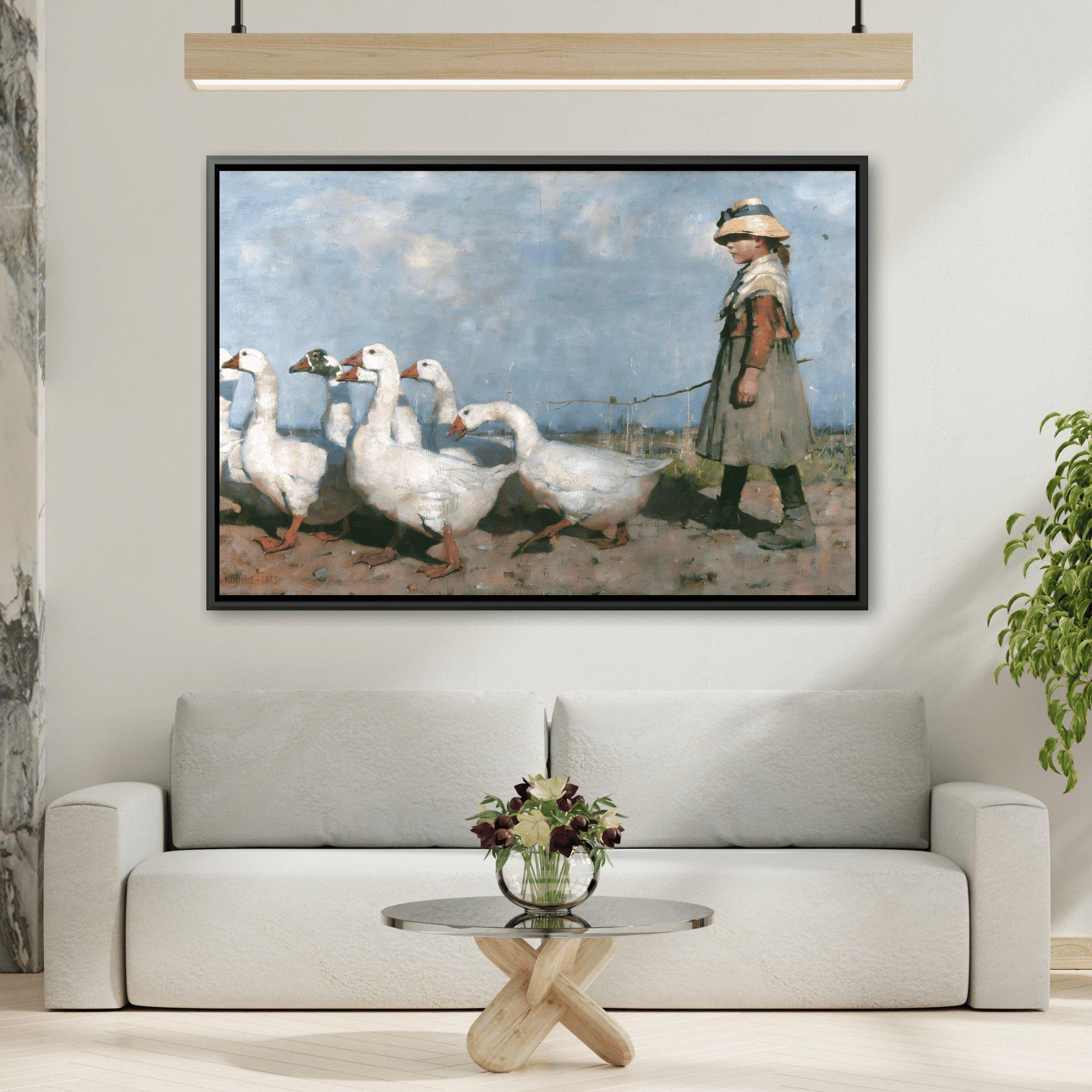 James Guthrie Pastures Girl With Geese - Framed Canvas Wall Art Print ...