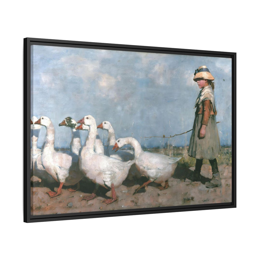 James Guthrie Pastures Girl With Geese - Framed Canvas Wall Art Print ...