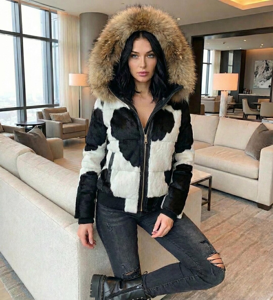 Women Cowhide Leather Puffer Jacket , Hair on Hide Puffer Coat With Fur ...