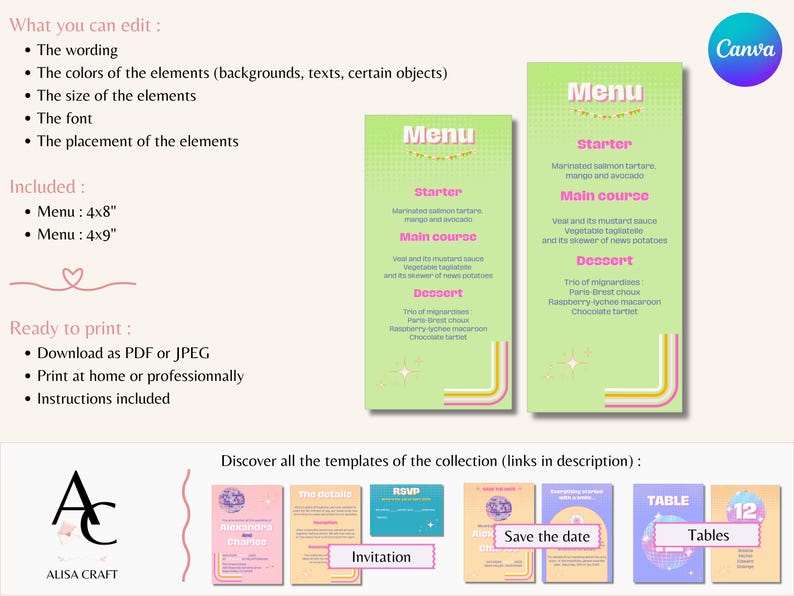 Retro Wedding Menu Template | Vintage Menu Card | Mid-century Modern ...
