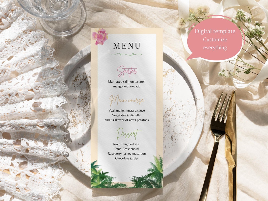 Tropical Wedding Menu Design | Exotic Floral Menu Card | Palm Leaf Menu ...