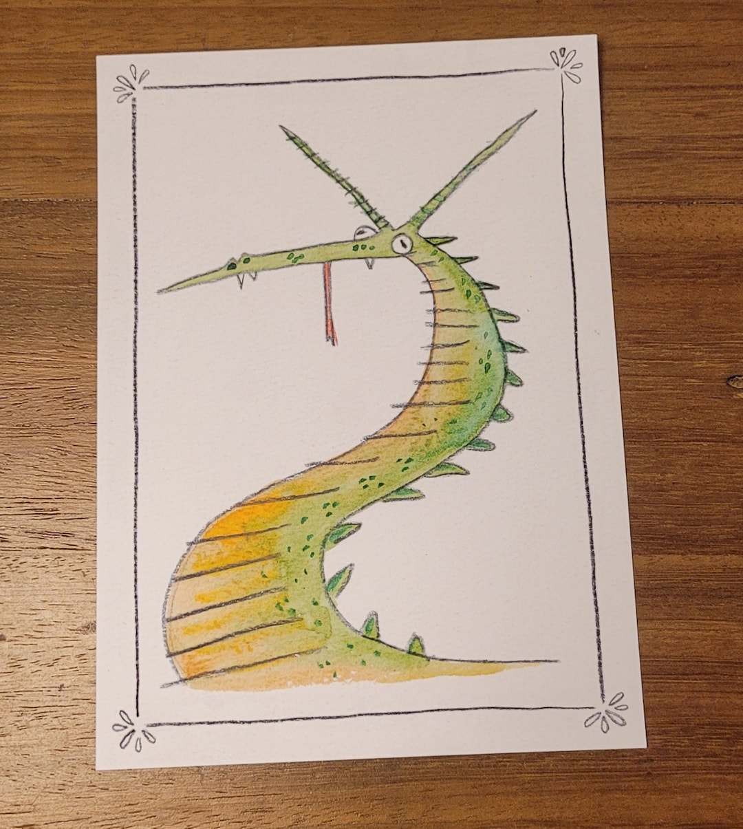 Print of a Green Goofy Dragon. Watercolour Print of a Green Goofy ...