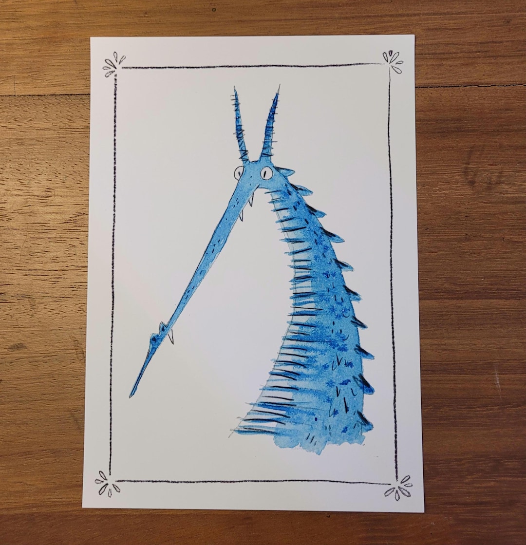 Dragón azul tonto, acuarela impresa sobre papel mate de archivo, 21 x ...