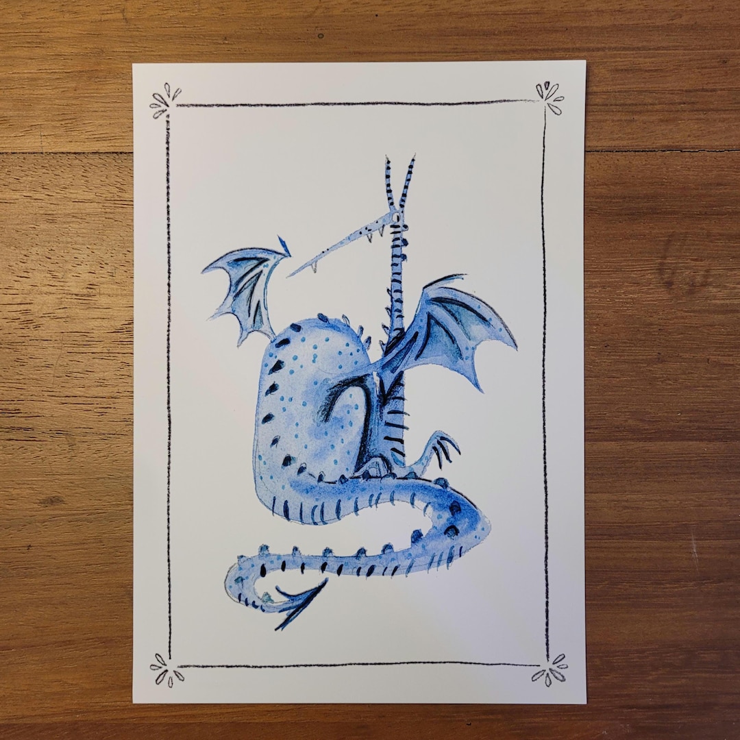 Awkward Blue Dragon Watecolour Print on Archival Matte Paper 21 X 15 Cm ...