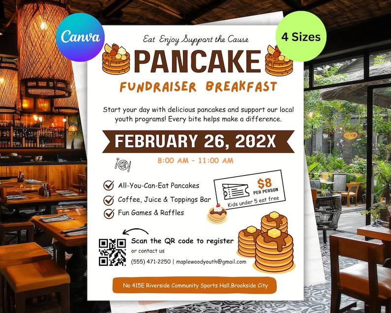 Pancake Breakfast Fundraiser Flyer Template | Editable Canva Design - Etsy