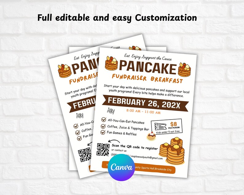 Pancake Breakfast Fundraiser Flyer Template | Editable Canva Design - Etsy