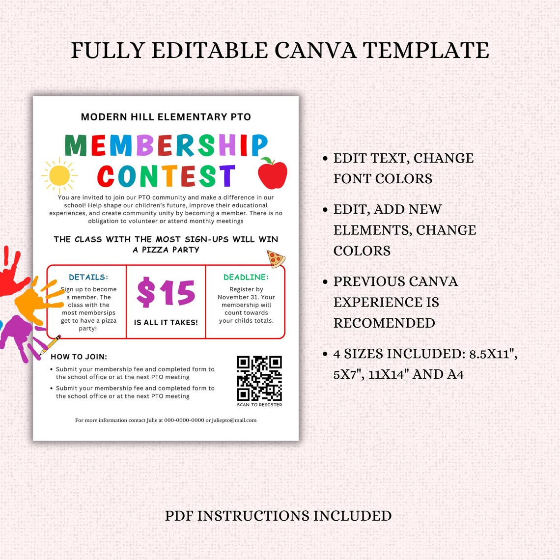 PTO PTA Membership Contest Flyer - Editable PTO Flyer Template - Pto ...