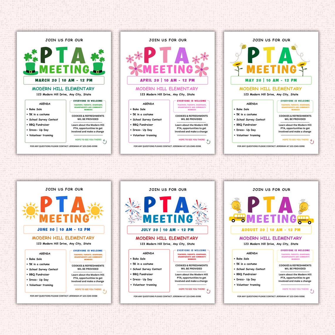 School PTA PTO Monthly Meetings Flyer Template Bundle - Editable PTA ...