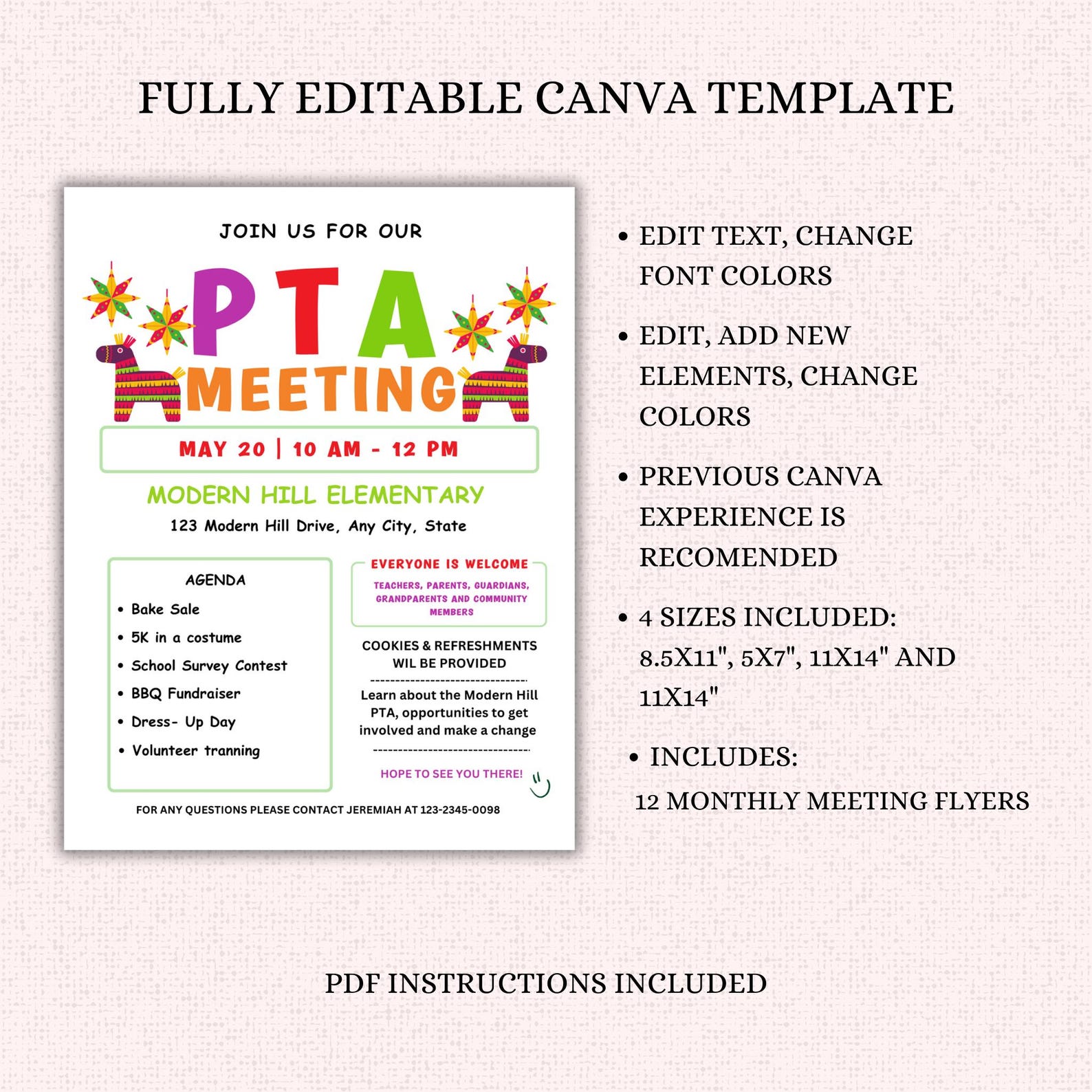 School PTA PTO Monthly Meetings Flyer Template Bundle - Editable PTA ...