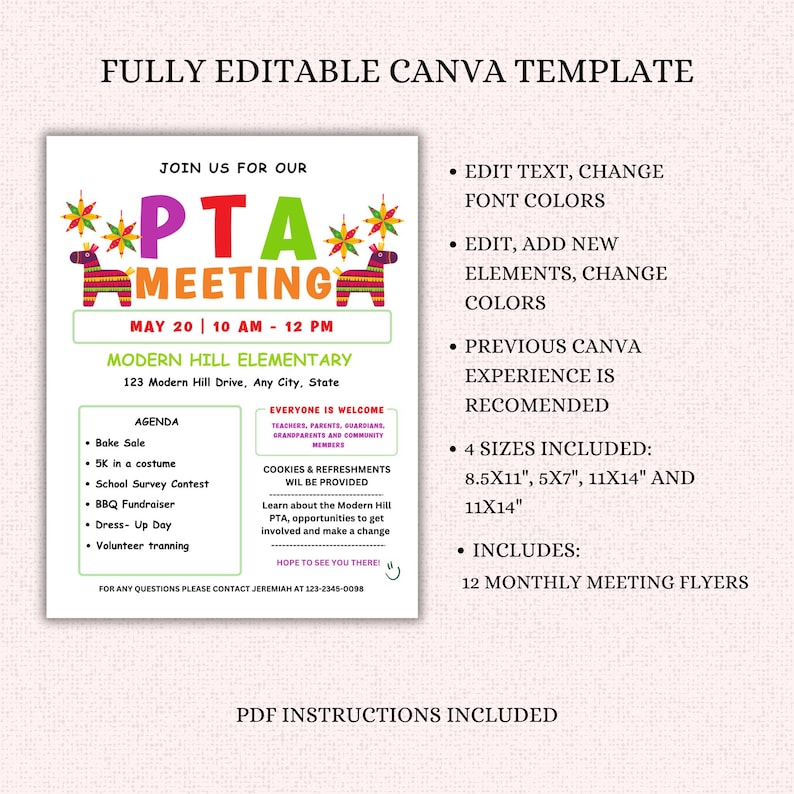 School PTA PTO Monthly Meetings Flyer Template Bundle - Editable PTA ...