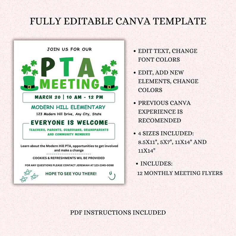 PTA PTO Monthly Meetings Flyer Template Bundle - Editable PTA Canva ...