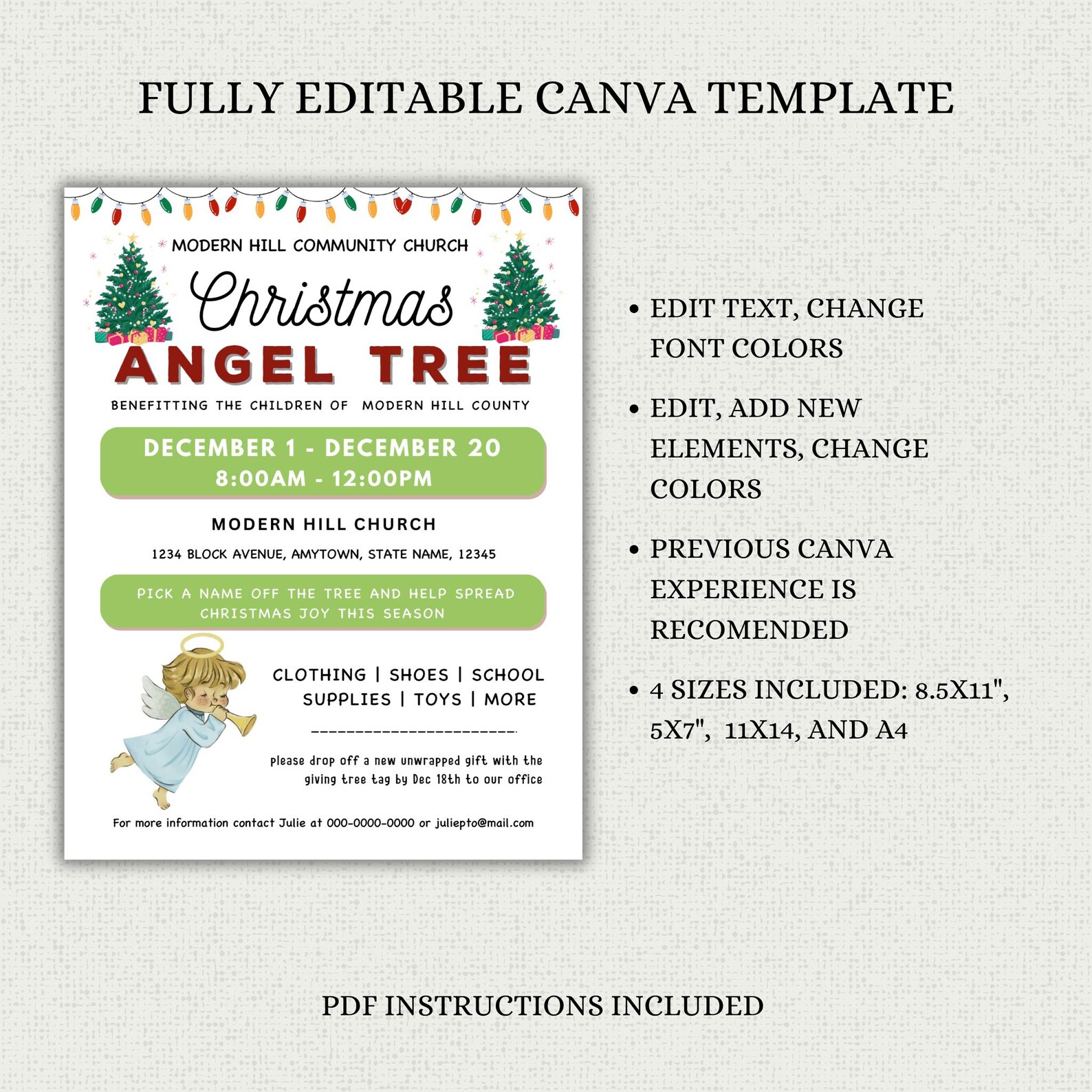 Christmas Angel Tree Fundraiser Flyer and Tags Editable Template, Toy ...