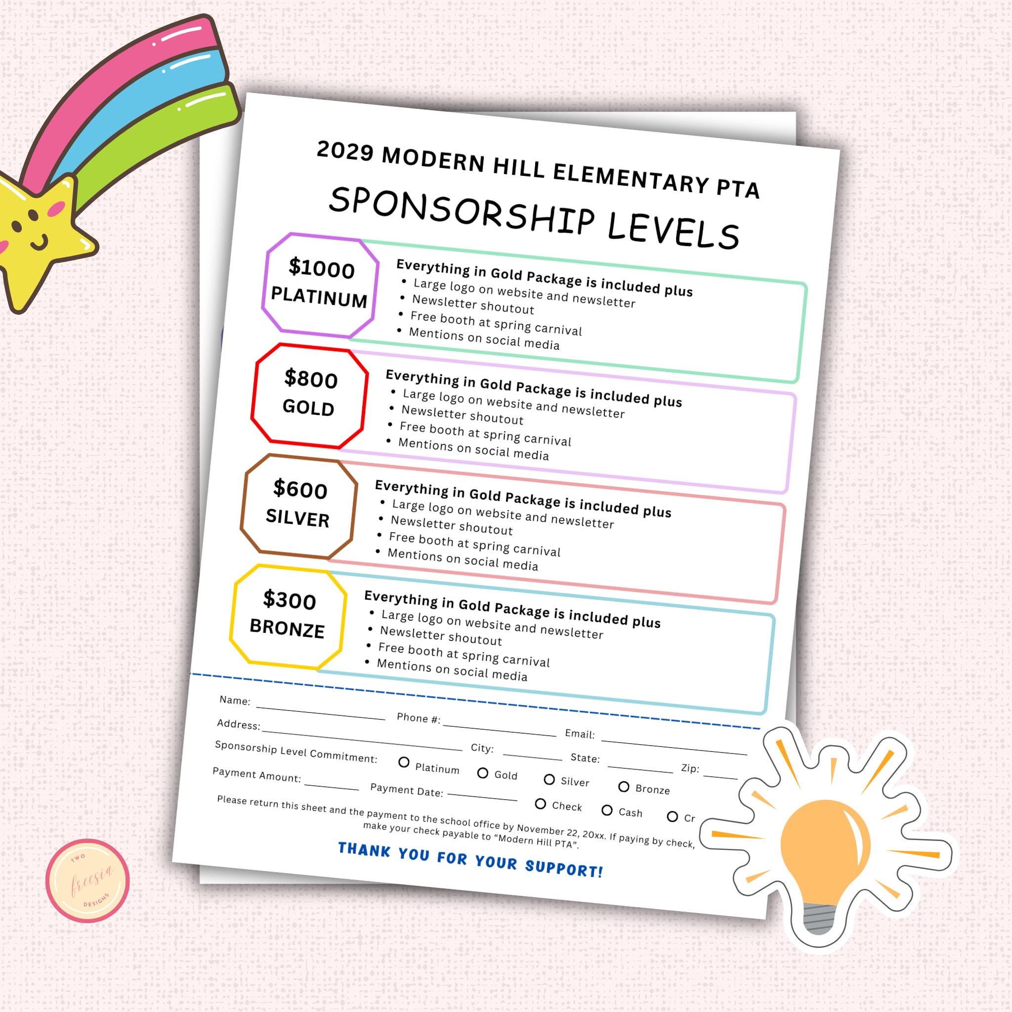 Sponsorship Level Flyer - Printable PTO PTA Form - Editable Template ...