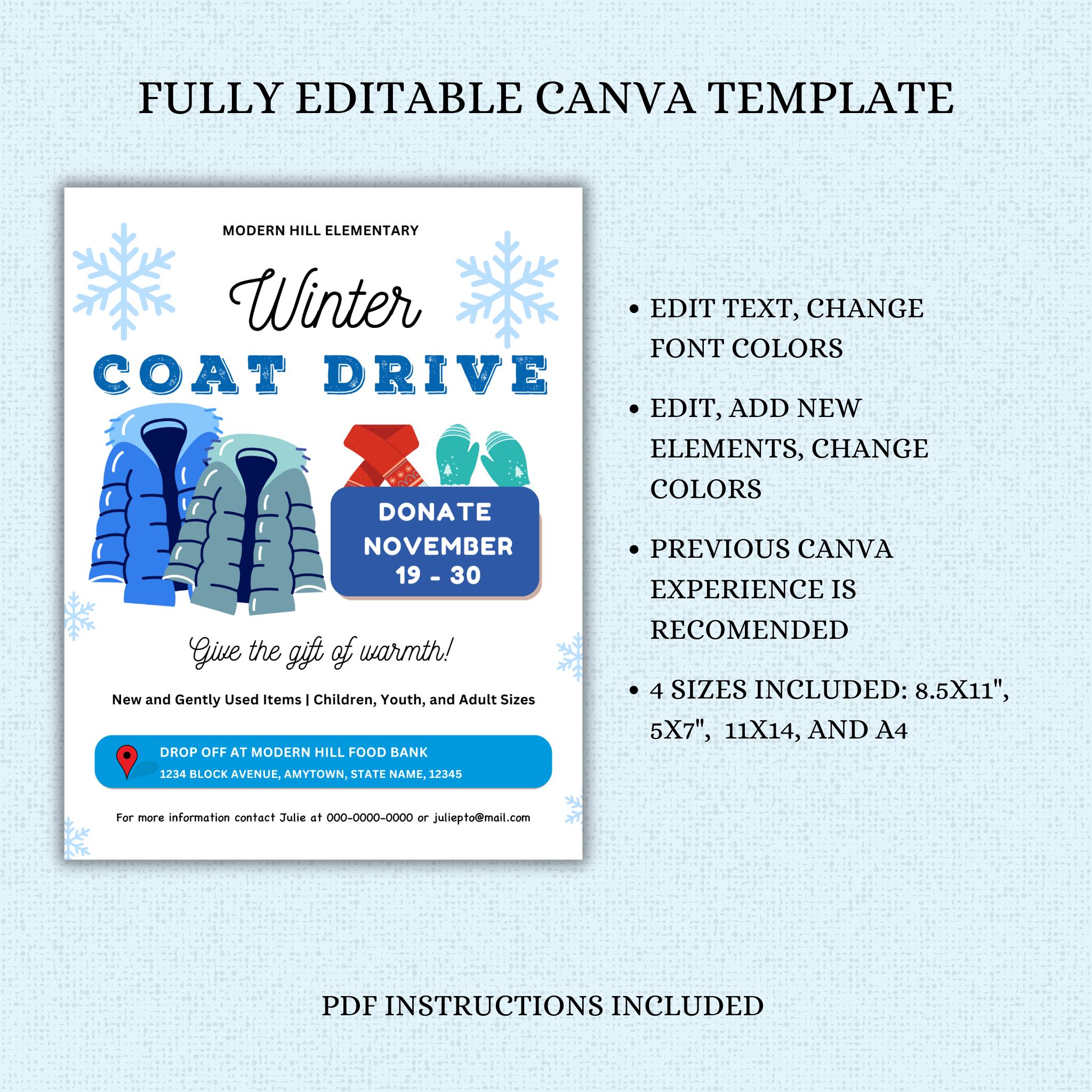 Winter Coat Drive Flyer, Printable PTA PTO Invitation, Charity Church ...