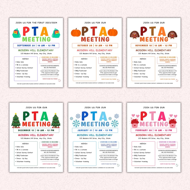 School PTA PTO Monthly Meetings Flyer Template Bundle - Editable PTA ...