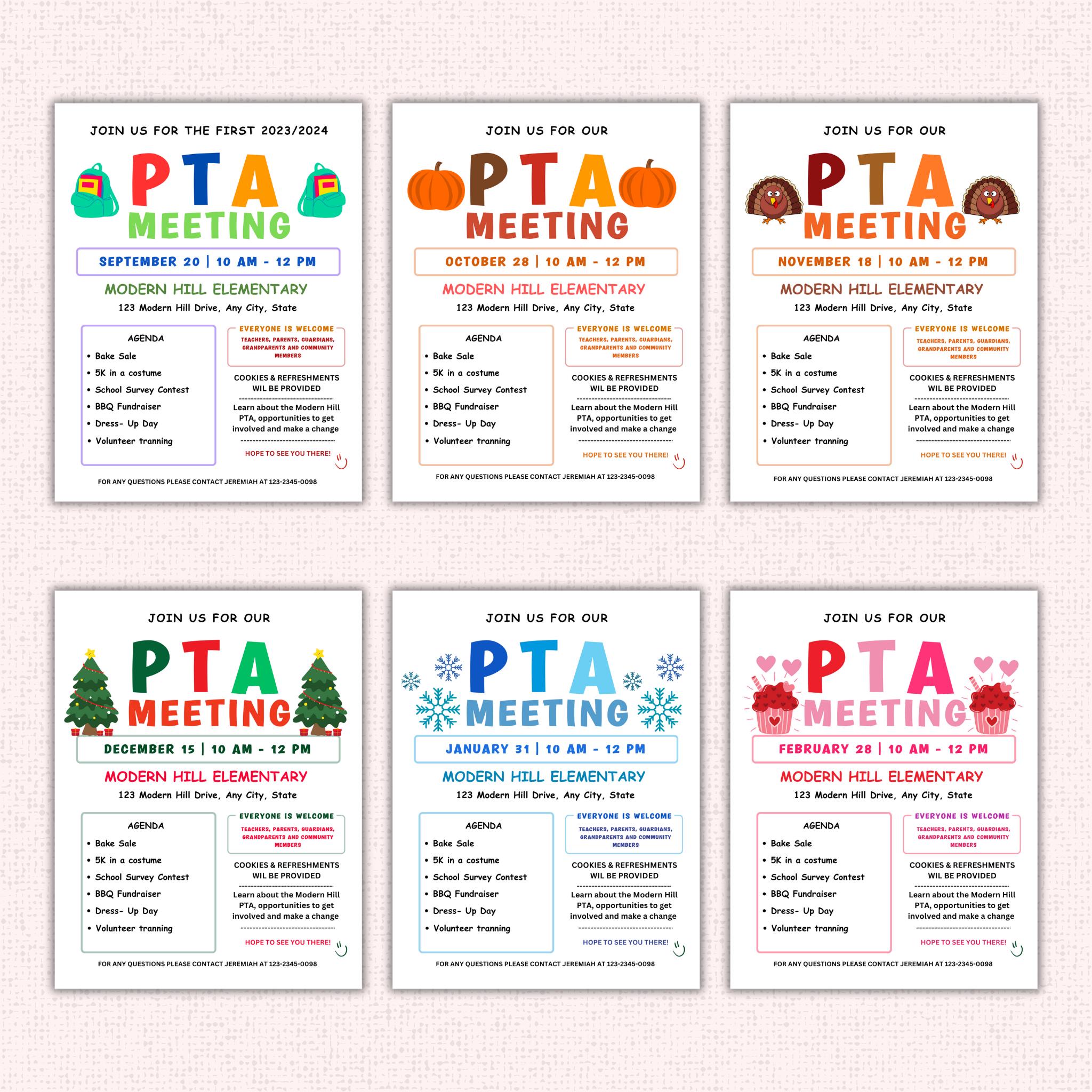 School PTA PTO Monthly Meetings Flyer Template Bundle - Editable PTA ...
