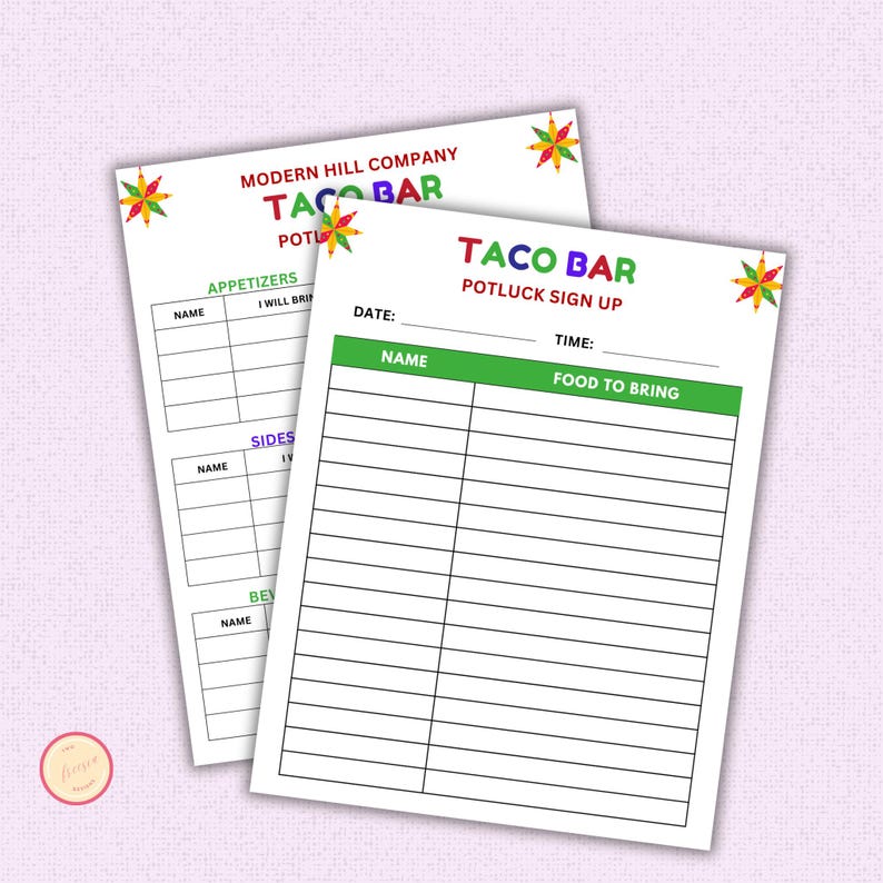 Taco Bar Potluck Sign-up Sheet Template, Church, Community Poster ...