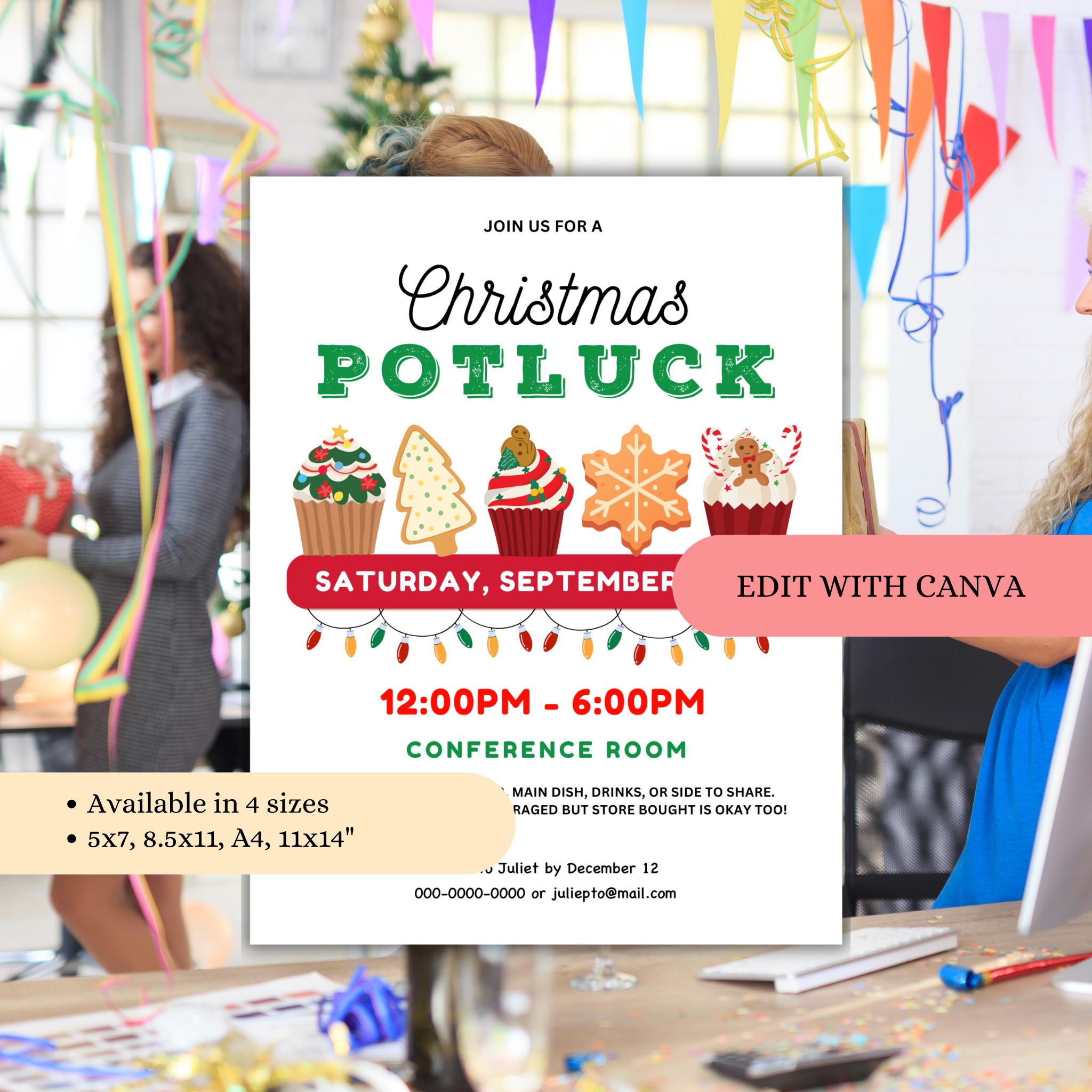 Editable Christmas Potluck Flyer Template, Holiday Potluck Party, Canva ...