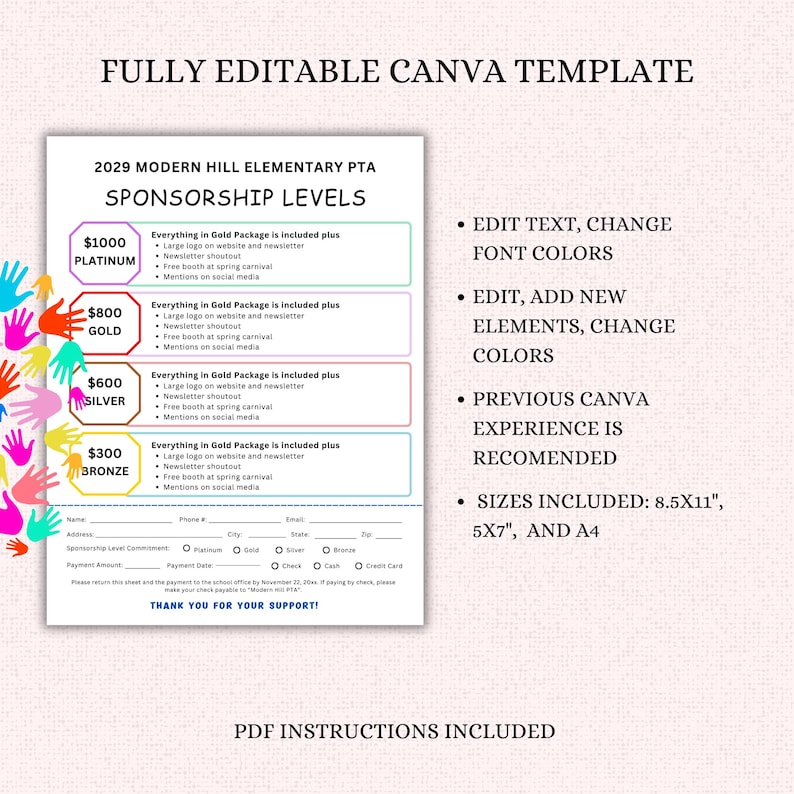 Sponsorship Level Flyer - Printable PTO PTA Form - Editable Template ...