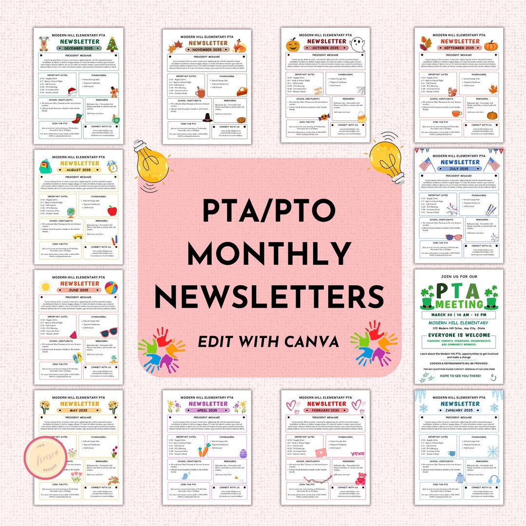 PTO PTA 12 Month Newsletter Template Bundle - Editable Canva Templates ...